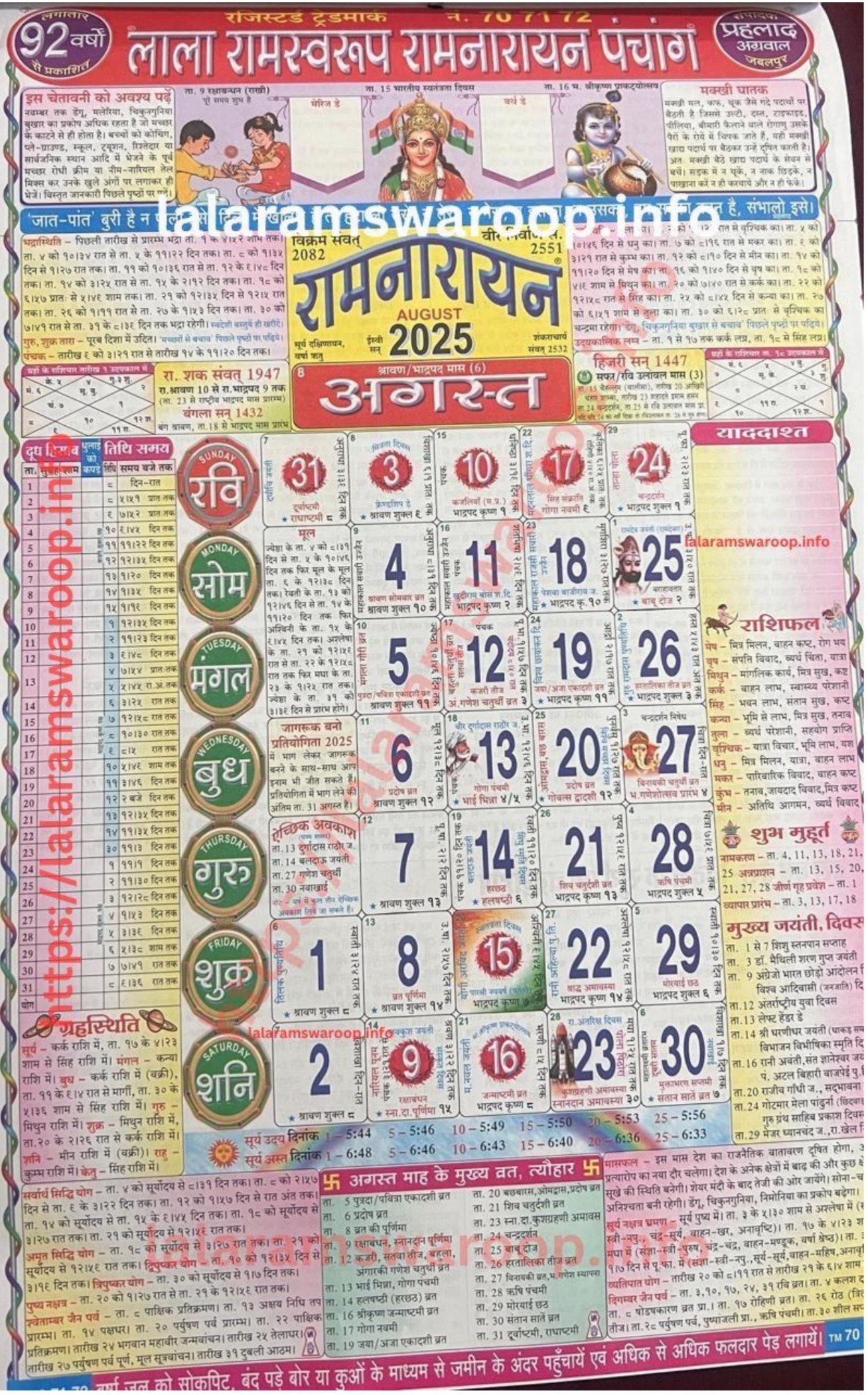 Lala Ramswaroop calendar 2025 October all festivals, tithi, rashiphala, tithi, brata, and more ...
